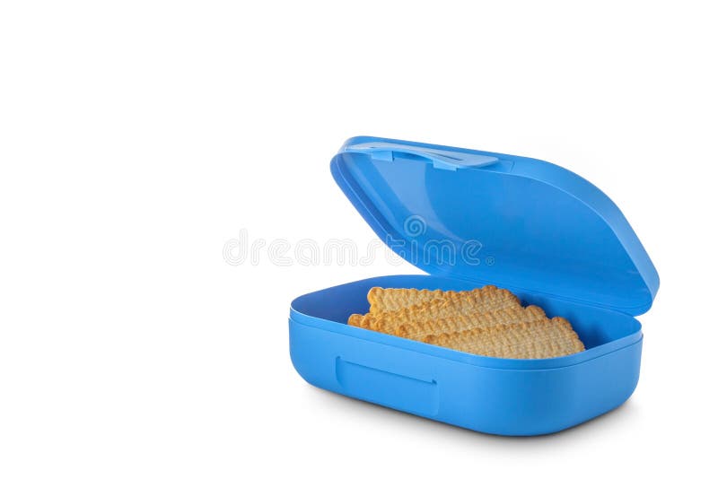 An Open Plastic Blue Lunch Box Filled with Cookies on a White ...