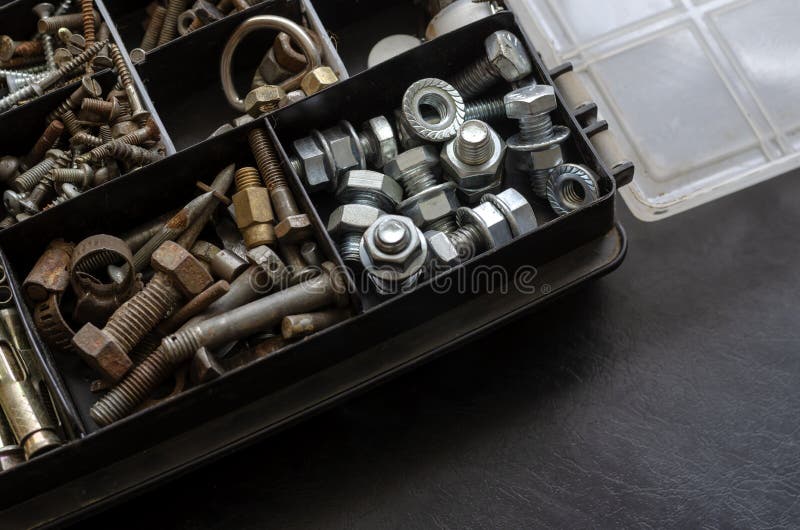Open Plastic Box with Various Bolts Stock Image - Image of case, steel ...