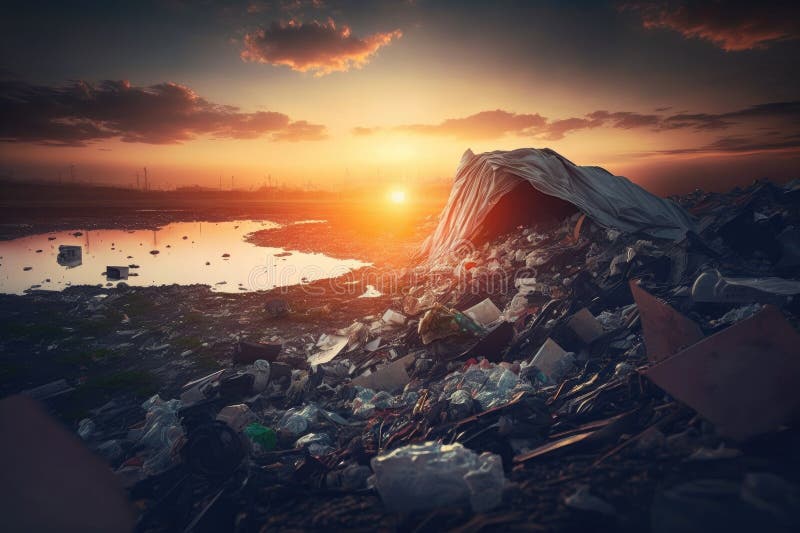 Open Plastic Garbage Dump at Sunset Overflowing Trash Stock ...