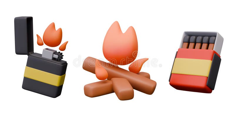 Open Pocket Lighter, Firewood with Flame, Box with Matches. Isolated 3D ...