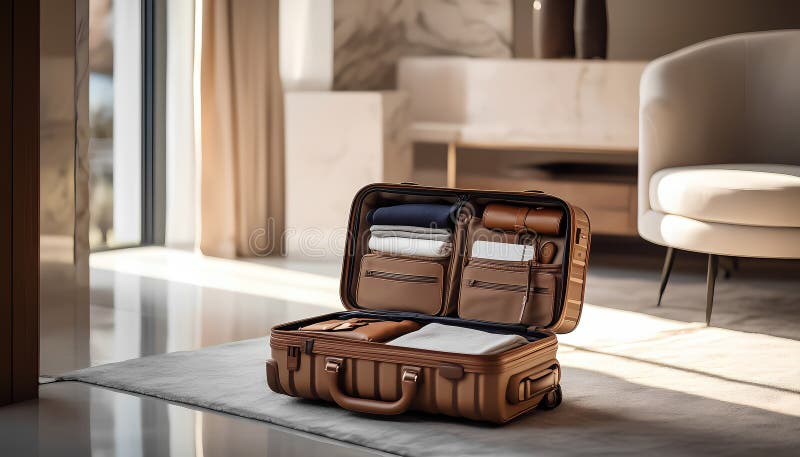 Open Premium Suitcase on the Floor of a Designer Apartment, Neatly ...