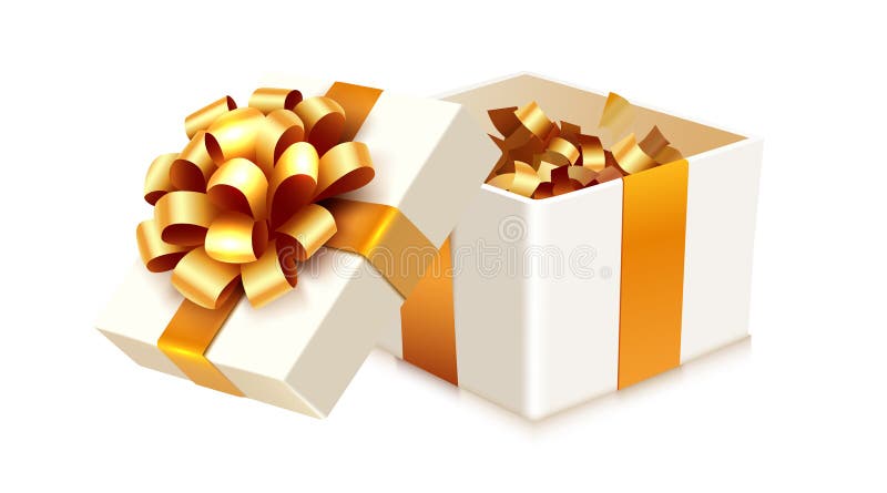 Open Present Box with Golden Confetti. Stock Vector - Illustration of ...