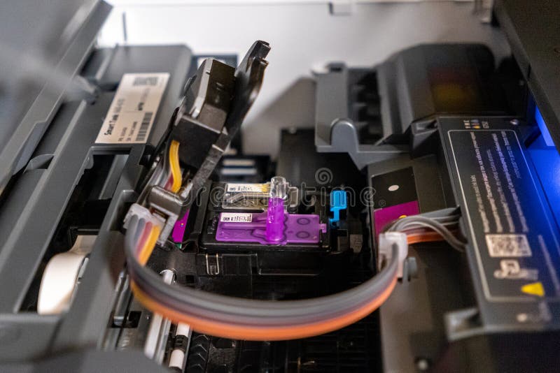 Open Printer Ink Compartment Showing Cartridges and Internal Wiring for ...