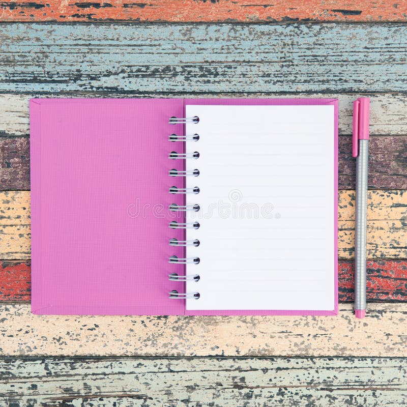 Open Purple Notebook Pen Vintage Wood Table Background Text Stock ...
