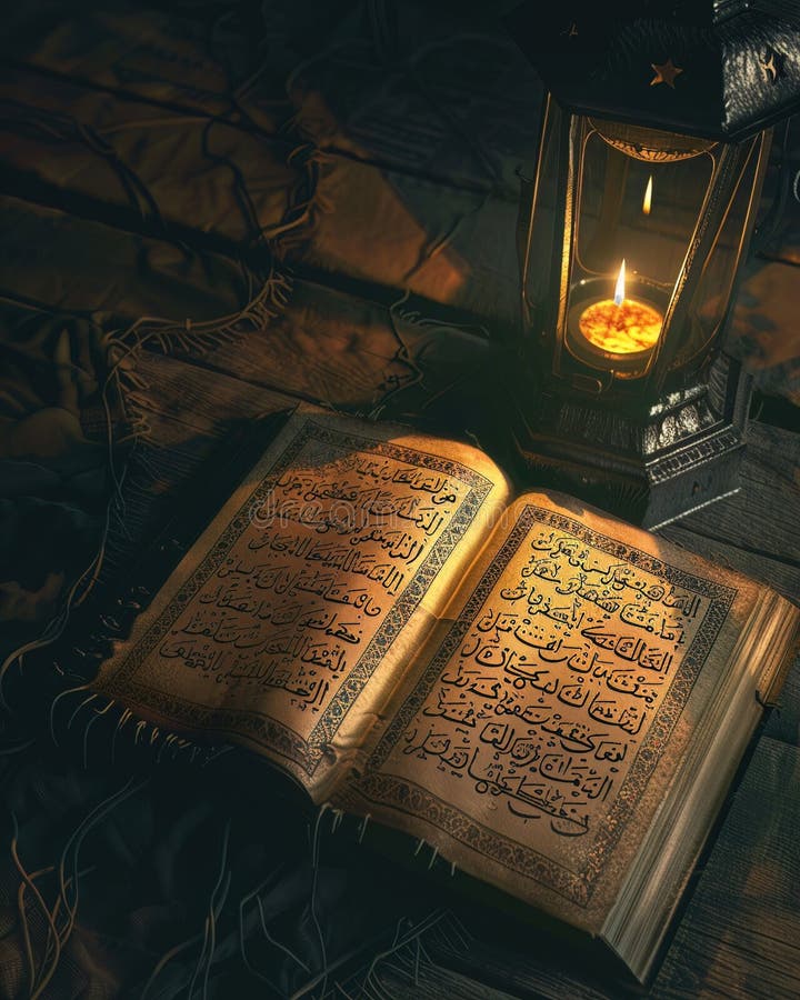 An Open Quran with Arabic Calligraphy Illuminated by the Light of a ...
