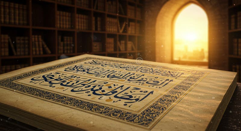 Open Quran Book with Arabic Calligraphy and Warm Sunlight in Background ...