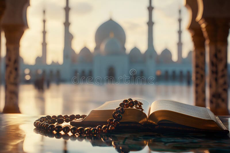 Open Quran and Prayer Beads in Mosque Setting at Sunrise Stock ...
