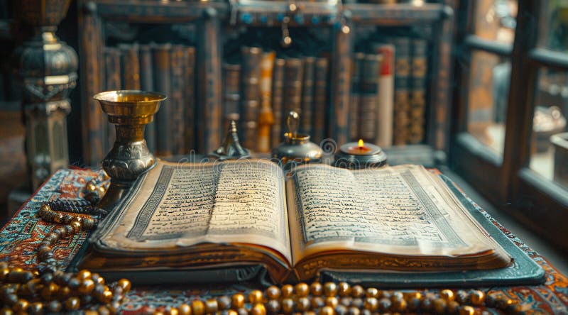 Open Quran on a Table, Reflecting Spirituality and Tradition Stock ...