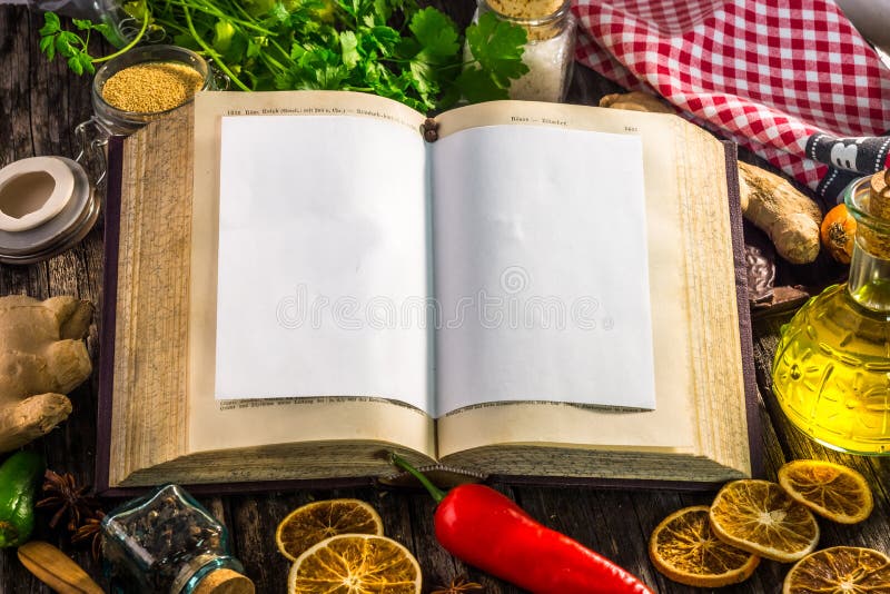 Open Recipe Book with Food Related Icons Above Stock Photo - Image of ...