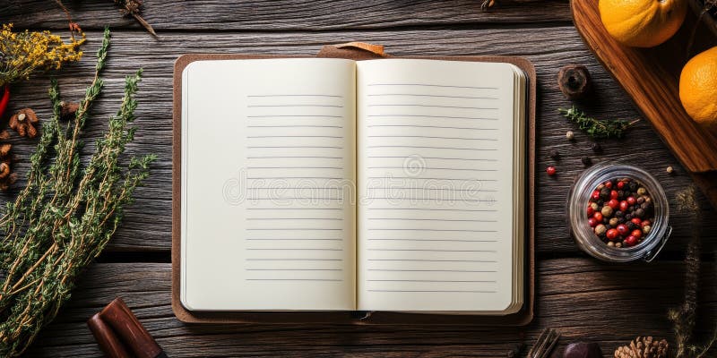 Open Recipe Notebook Mockup on Rustic Wooden Background with Herbs and ...
