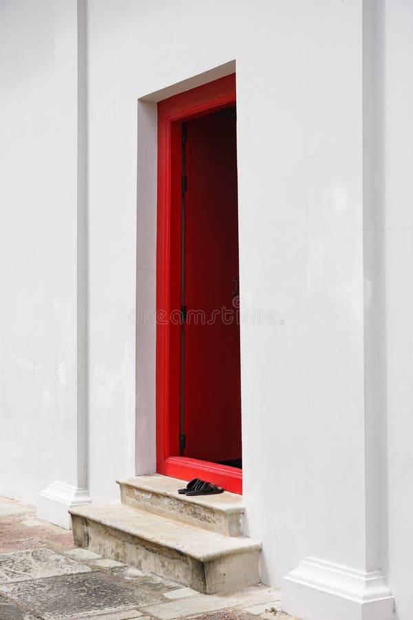 Open Red Door on White Wall, Background Stock Photo - Image of frame ...