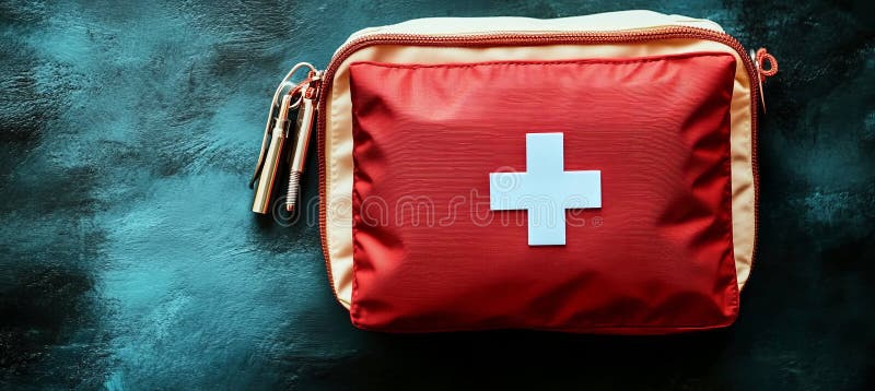 Open Red First Aid Kit Emergency Bag on a Textured Dark Background ...