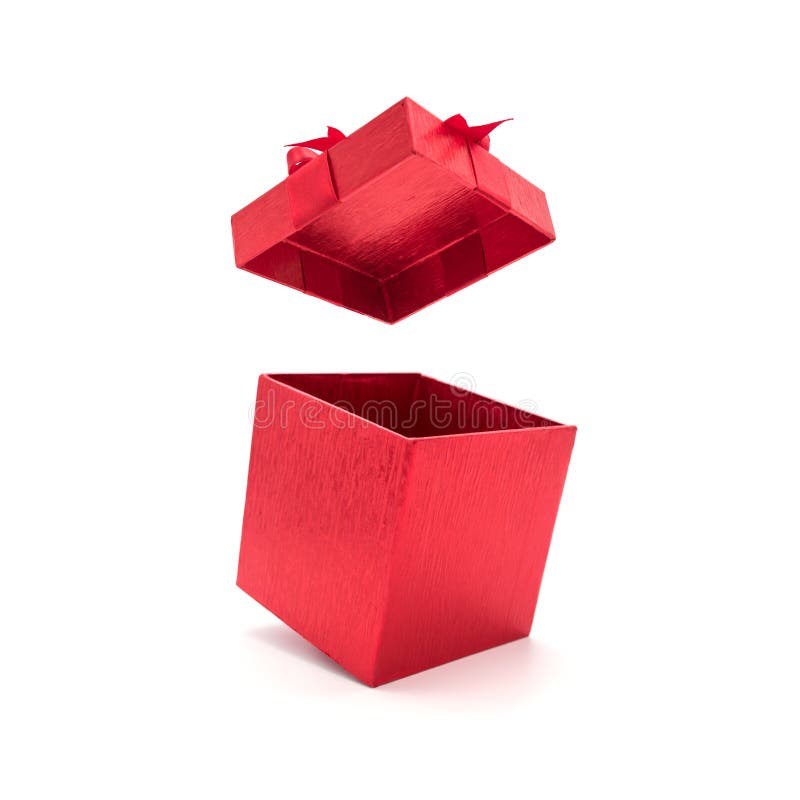 Top View on Red Christmas Gift Box Decorated with Ribbon on Blue Paper ...
