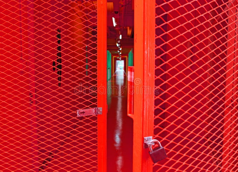 Open Red Grating Steel Door Stock Photo - Image of lock, bundle: 89728556