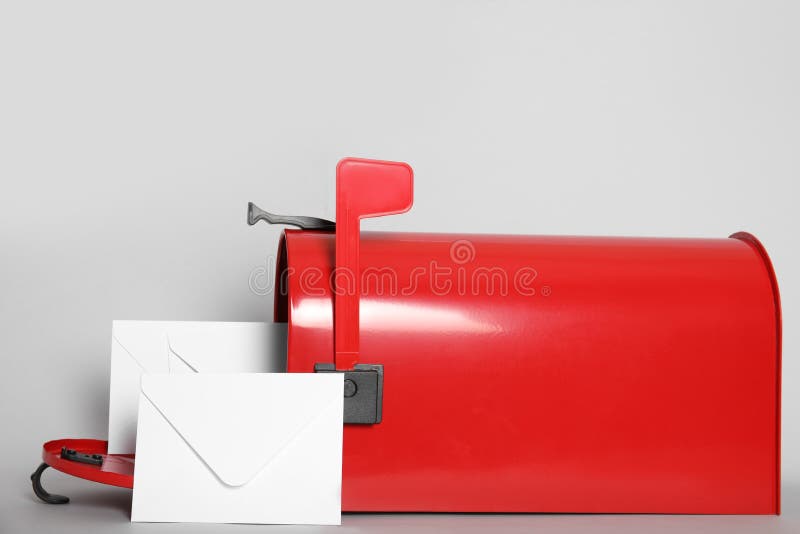 Open Red Letter Box with Envelopes on Light Background Stock Photo - Image of metal, email ...