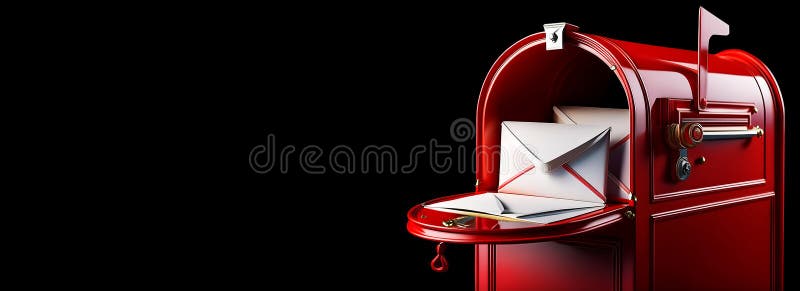Open Red Letter Box with White Envelopes Isolated on Black Background ...