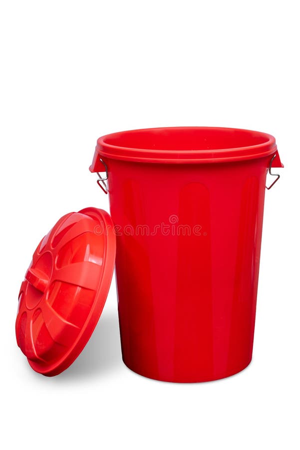Open Red Plastic Trash Bin Can with Lid Resting on the Side Stock ...