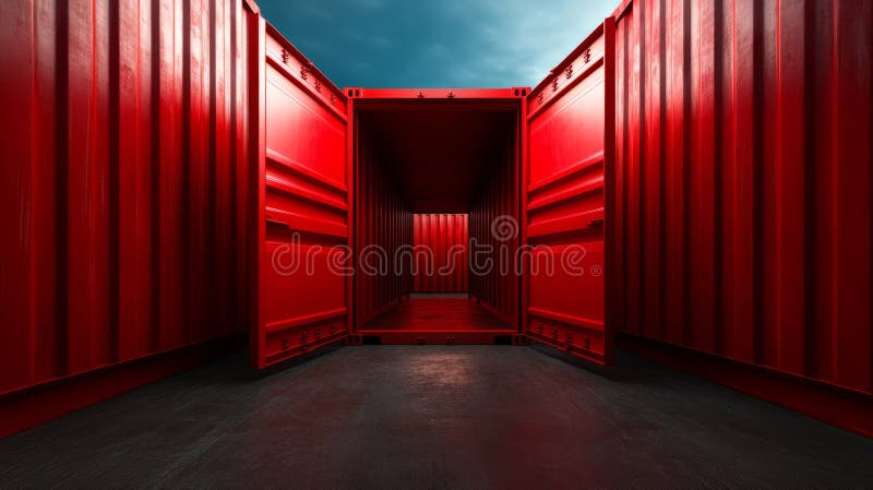 Open Red Shipping Container Interior with Dramatic Lighting and ...