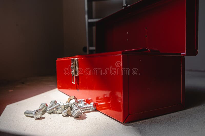 Open Red Tool Box on Concrete Stock Photo - Image of handle, isolated ...