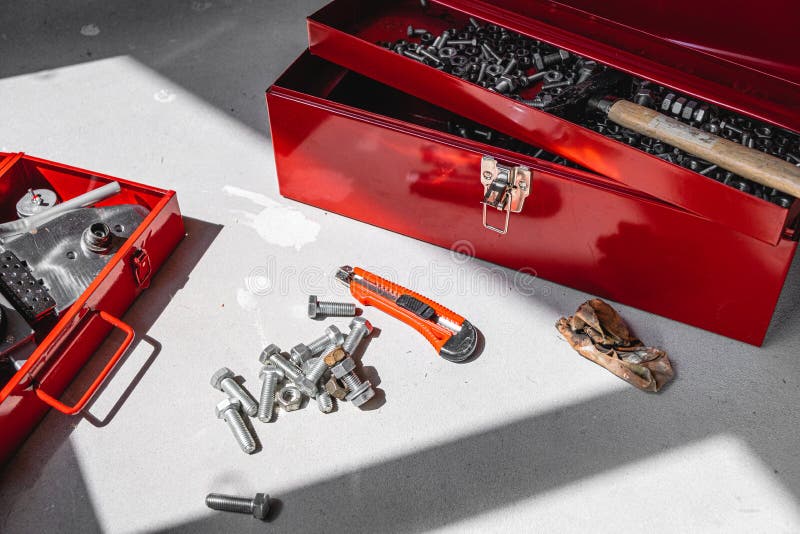 Open Red Tool Box on Concrete Stock Image - Image of engineer ...
