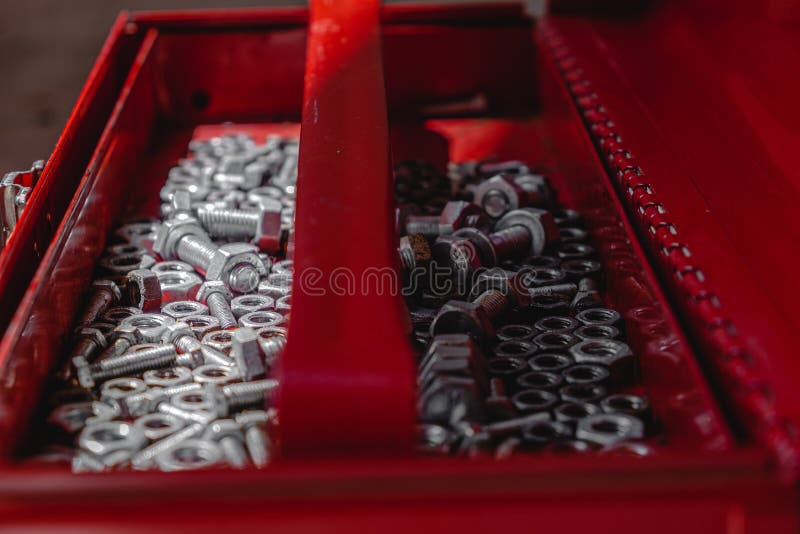 Open Red Tool Box on Concrete Stock Photo - Image of instrument, bolts ...