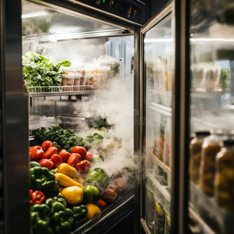 Open Refrigerated Display with Fresh Vegetables and Mist Stock Image ...