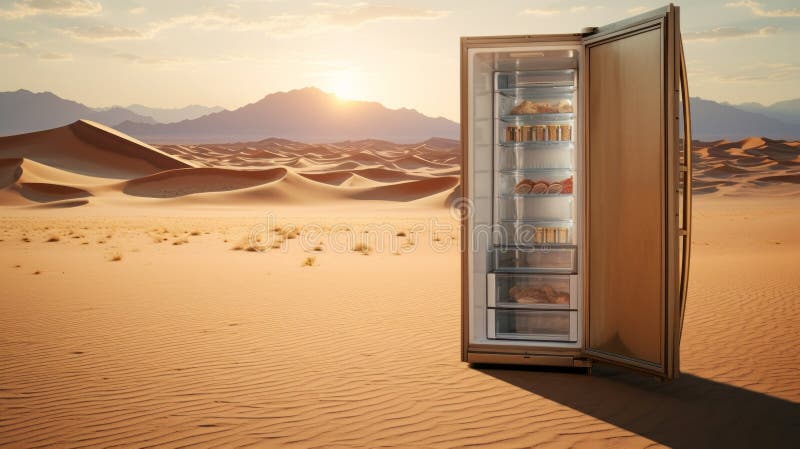 Open Refrigerator with Drinks and Food in the Desert Stock Illustration ...