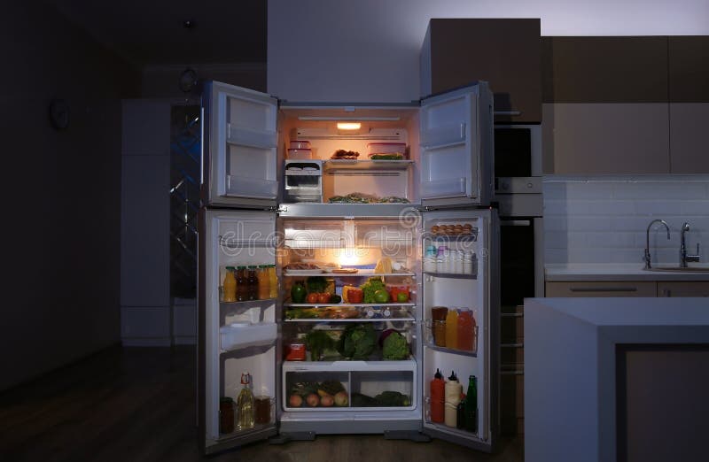 Open Refrigerator Filled with Food in Kitchen Stock Photo - Image of ...