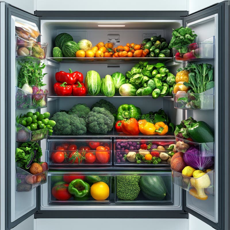 Open Refrigerator Filled with Fresh Colorful Vegetables and Fruits ...
