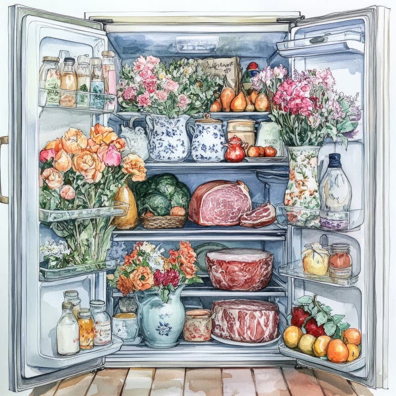 Open Refrigerator Filled with Fresh Flowers, Fruits, and Meats in a Cozy Kitchen Setting Stock ...