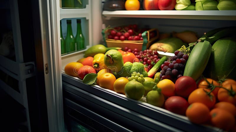 An Open Refrigerator Filled with Fresh Fruits and Vegetables ...
