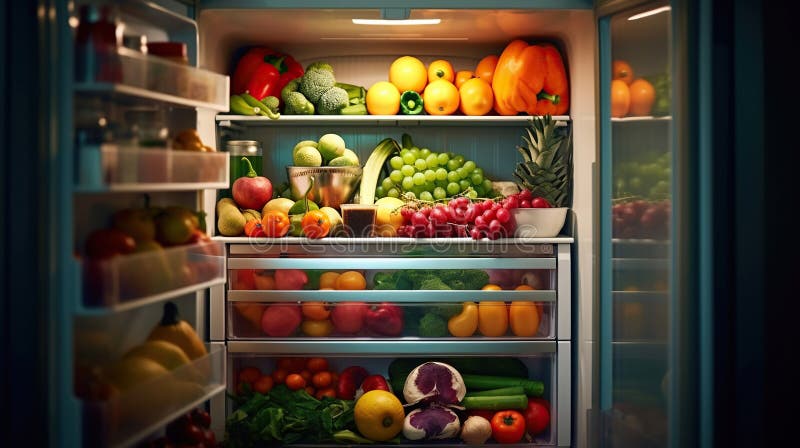 An Open Refrigerator Filled with Fresh Fruits and Vegetables ...