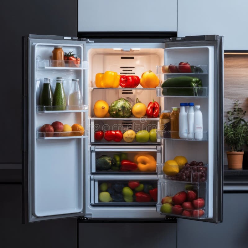 Open Refrigerator Filled with Fresh Fruits and Vegetables in Modern ...