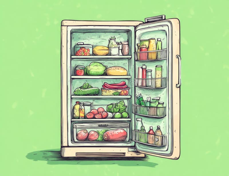 Open Refrigerator Filled with Fresh Groceries and Beverages on Green ...