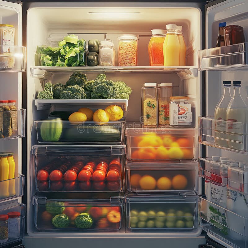 Open Refrigerator Filled with Fresh Vegetables, Fruits, and Beverages ...