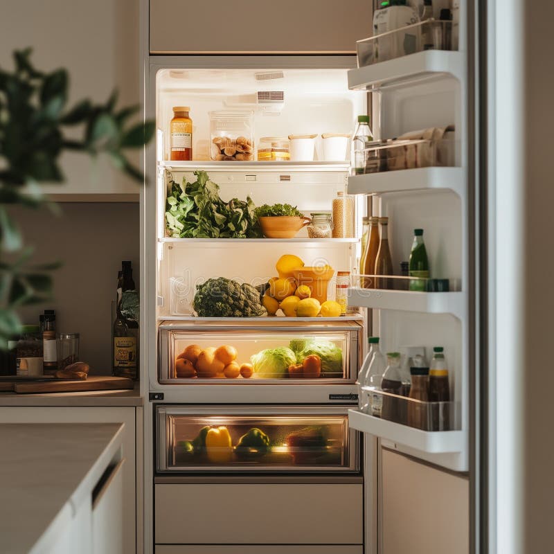 Open Refrigerator Filled with Fresh Vegetables and Fruits in Modern ...