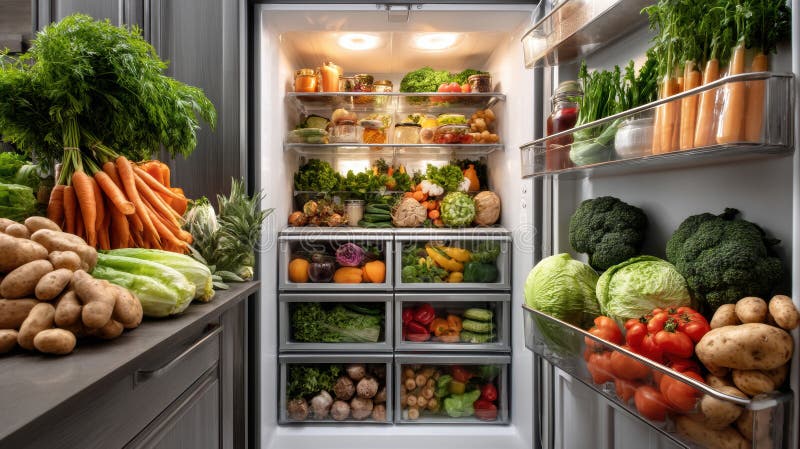 Open Refrigerator Filled with Fresh Vegetables and Fruits in a Modern ...