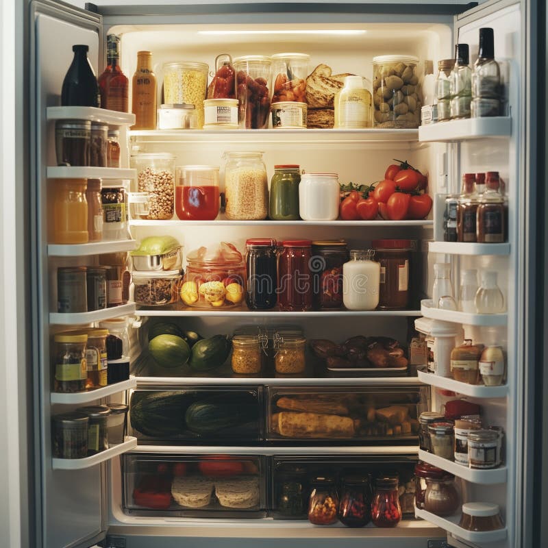 Open Refrigerator Filled with Various Food Items and Drinks Stock Image ...