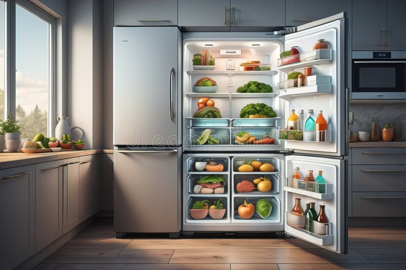 Open Refrigerator with Fresh Fruits and Vegetables in Kitchen ...