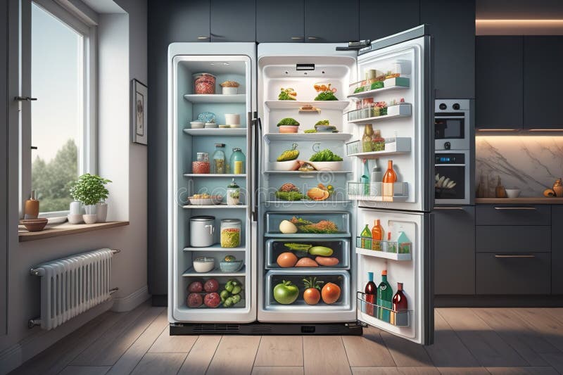Open Refrigerator with Fresh Vegetables and Fruits in the Kitchen ...