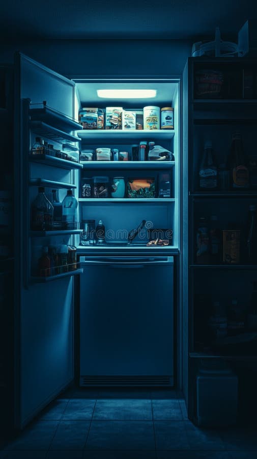 Open Refrigerator Full of Food and Drink Items Illuminated by Blue ...