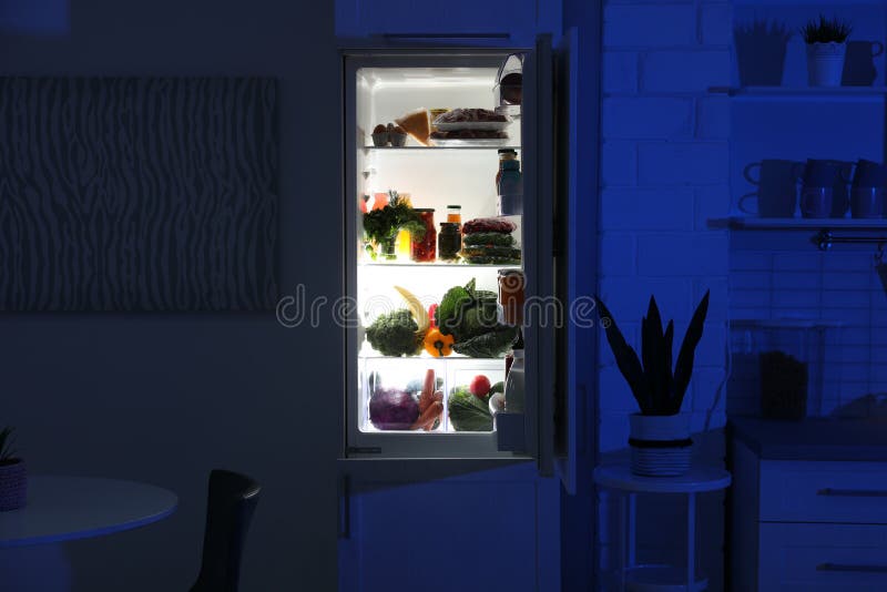 Open Refrigerator Full of Products in Stylish Kitchen Interior Stock ...