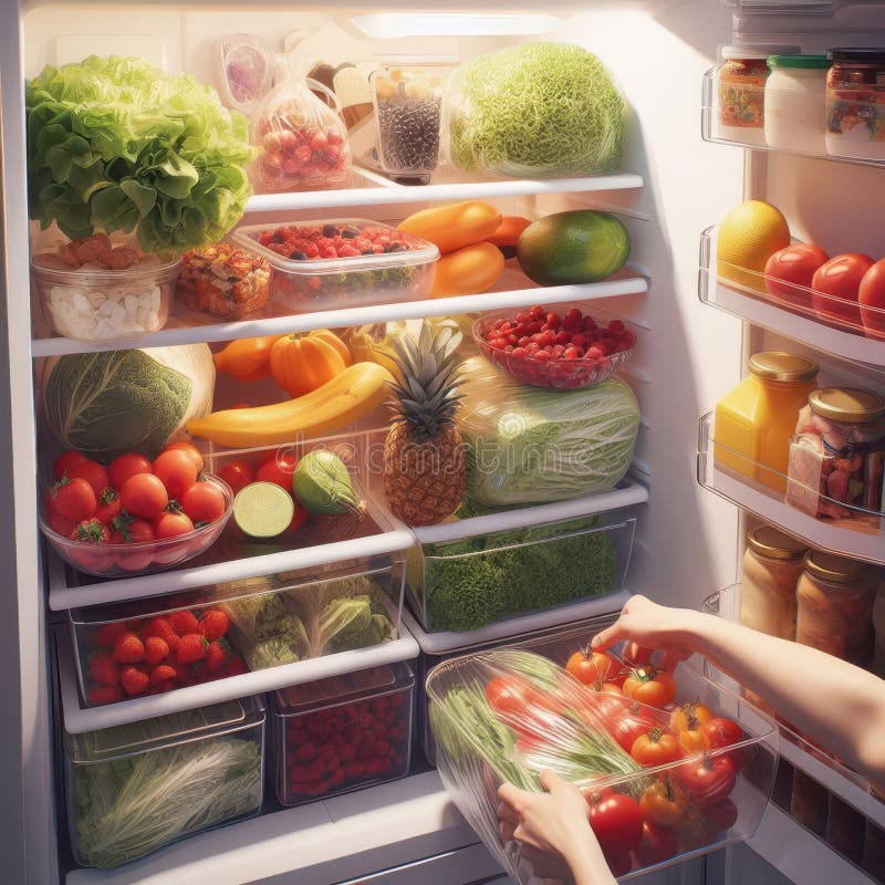 An Open Refrigerator is Fully Stocked with Fresh Produce, with a Hand ...