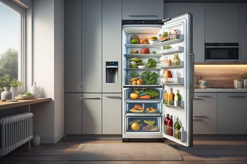Open Refrigerator with Healthy Food in the Kitchen. Generative Ai Stock ...