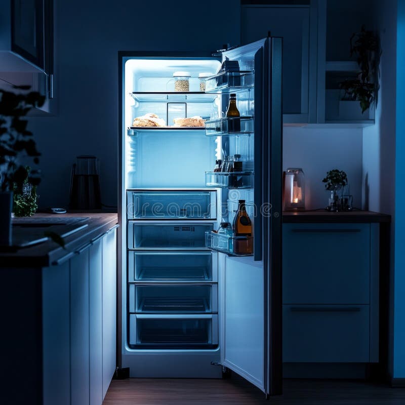 Open Refrigerator with Illuminated Interior in Dark Kitchen at Night ...