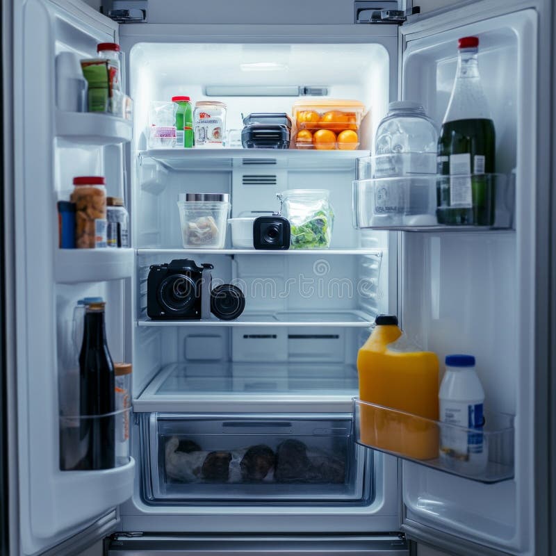 Open Refrigerator Interior with Food, Drinks, and Camera Equipment ...