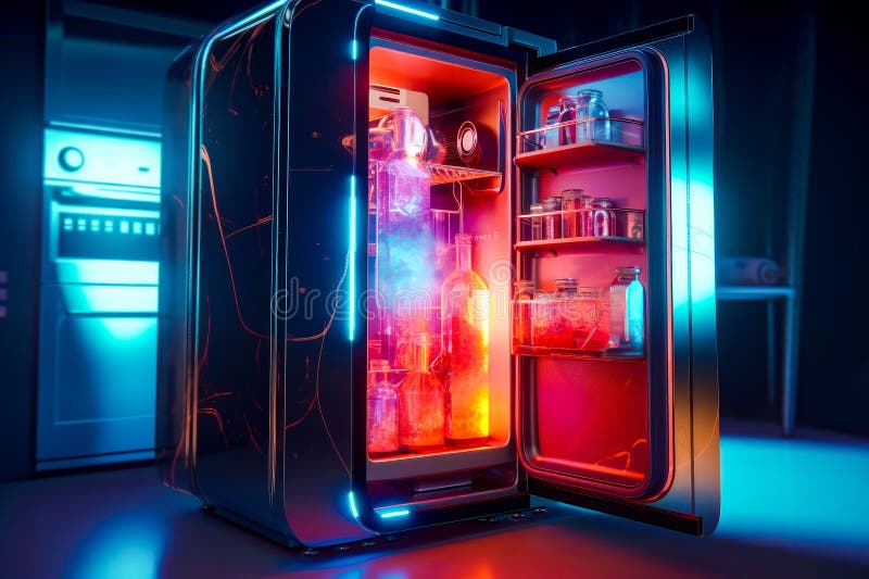 Open Refrigerator with Lot of Bottles Inside of it in Dark Room ...