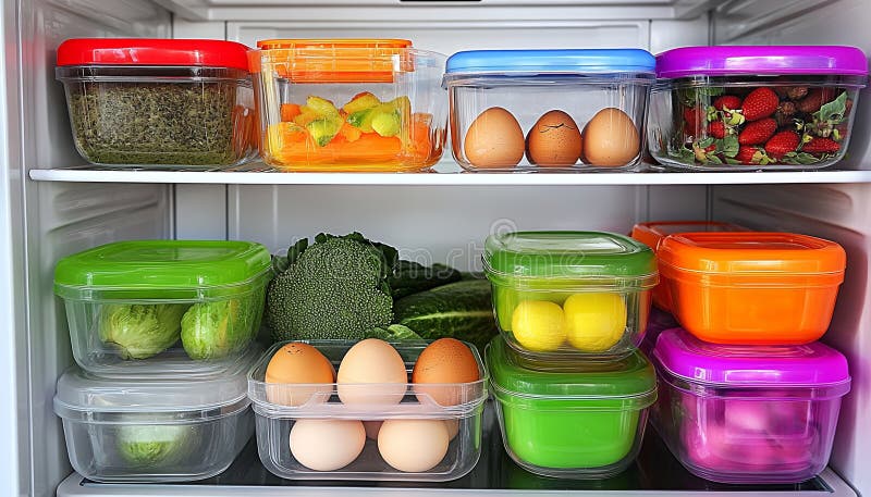 An Open Refrigerator Stocked with Various Fresh Ingredients in Plastic ...