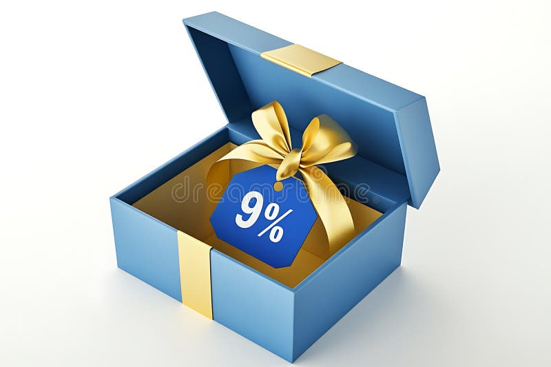 Open Rich Blue Gift Box with Gold Ribbon and Discount Tag Inside Stock ...