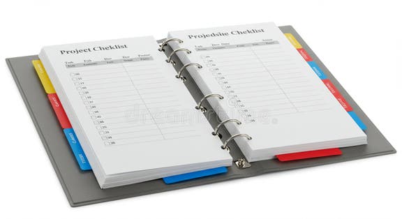An Open Ring Binder Contains White Papers Labeled "Project Checklist ...